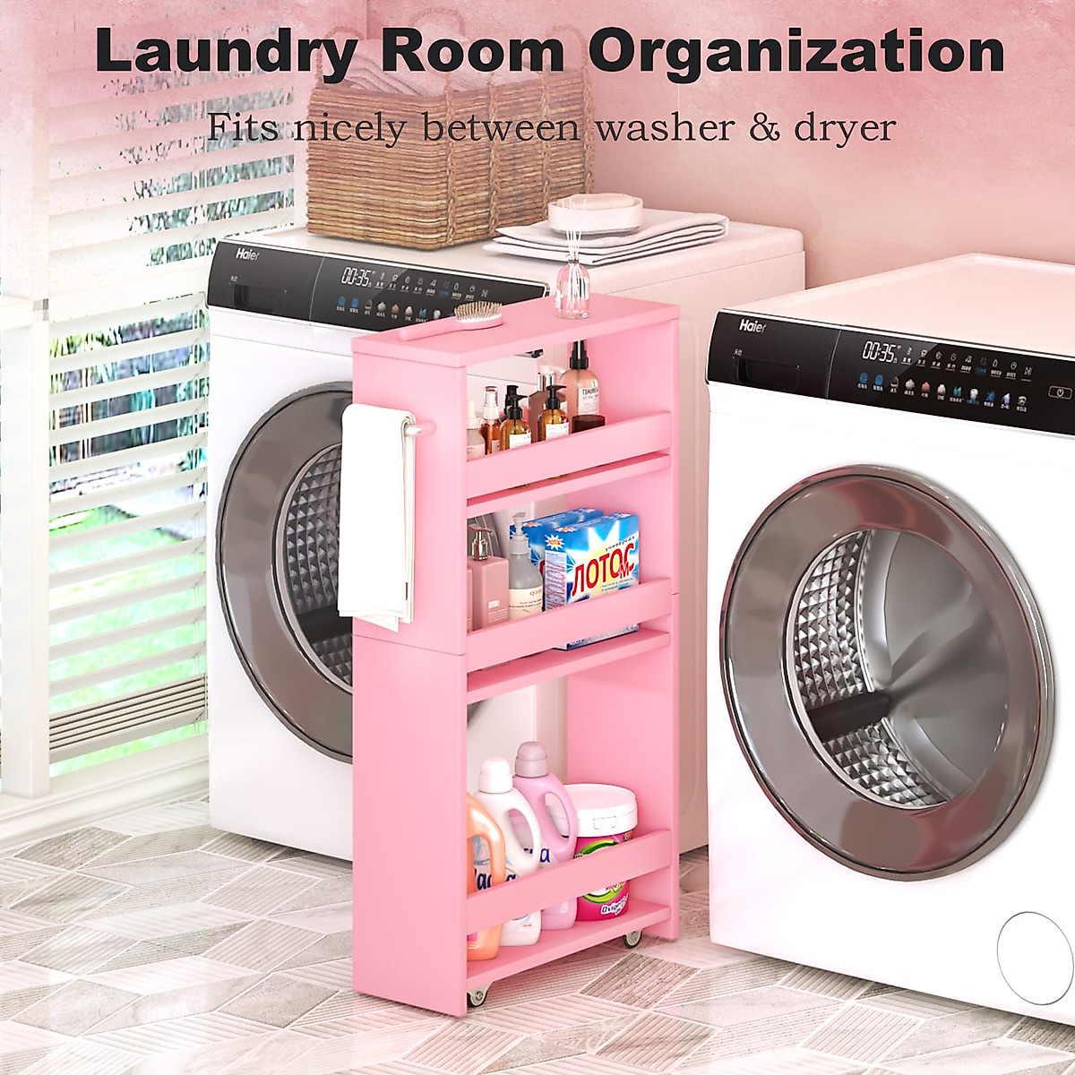 MARTY Pink Slim Storage Cart, 4-Tier Rolling Bookshelf Kitchen Cart with Wheels, Laundry Room Organization with Handle Slide Out Utility Cart Shelving Unit Trolley for Narrow Places