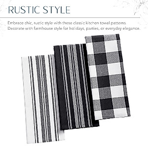Elrene Home Fashions Farmhouse Living Stripe and Check Kitchen Towels, 17" x 28" (Set of 3), Black/White 3