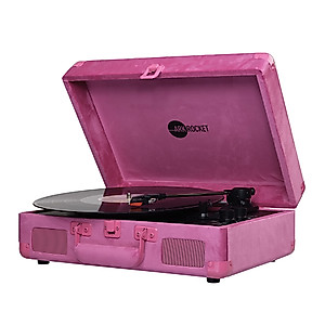 Arkrocket Curiosity Bluetooth Turntable Retro Suitcase 3-Speed Record Player with Built-in Speakers (Hot Pink Velvet)