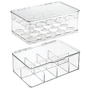 mDesign Plastic Stackable Divided Storage Organizer with Lid for Tea Bags and Coffee Pods in Kitchen Cabinet, Countertop, Ligne Collection, Includes 1 Tea Organizer and 1 Coffee Pod Organizer, Clear