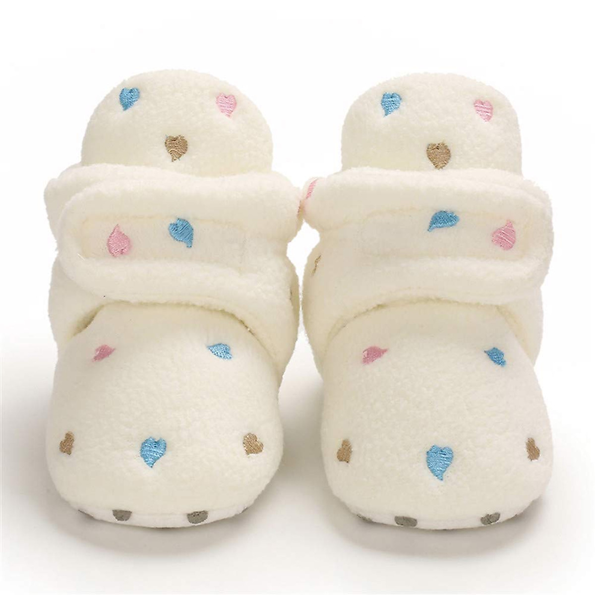 E-FAK Newborn Baby Cozy Fleece Booties with Grippers Winter Slippers Socks Soft Sole Stay On Infant First Walker Crib Shoes(00 Multi-colo&White, 0-6Months)