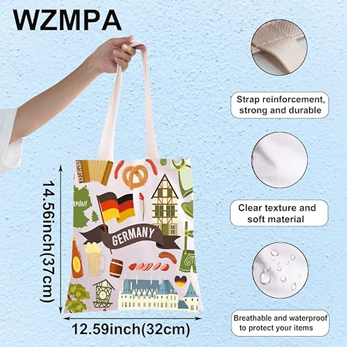 WZMPA Germany Trip Canvas Tote Bag Germany Souvenir Gift German Culture Themed Reusable Bag Germany Vacation Gift (Germany TG)
