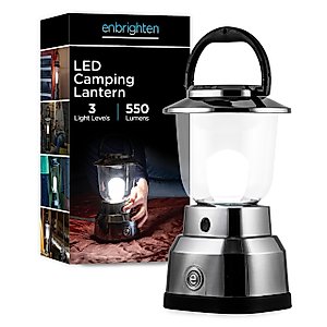 Enbrighten Brushed Nickel LED Camping Lantern, Battery Powered, 550 Lumens, 280 Hour Runtime, Carabiner Handle, Hiking Gear, Emergency Light, Blackout, Storm, Hurricane, 14210