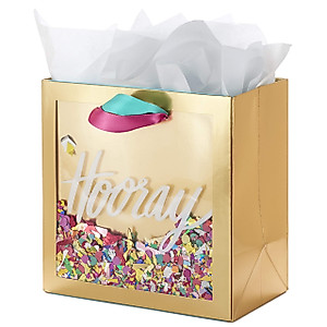 Hallmark Signature 7" Medium Gift Bag with Tissue Paper (Hooray; Gold with Pink, Teal, Purple Confetti) for Bridal Showers, Graduations, Retirements and More