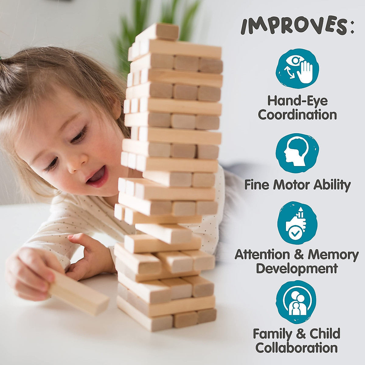 Bascuda Tumble Tower Classic - Wooden Blocks Tumbling Tower Stacking Game - Great Entertainment Game for Family, Adults, Kids, Boys & Girls - Wooden 54 Pieces Family Game Suitable for 3+ Years
