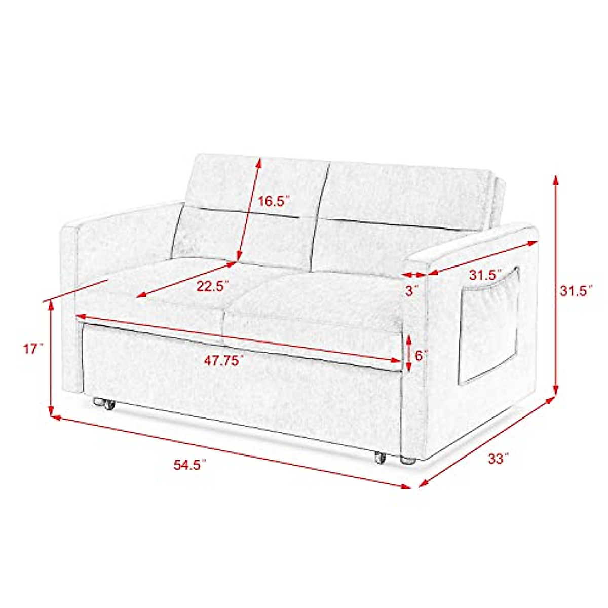 3 in 1 Convertible Loveseat Sofa with Pull-Out Sleeper&Adjsutable Backrest,Multi-Functional Folding Recliner Accent Futon Sofá Chair,Upholstered Lounge Chaise Couch Armchair for Living Room
