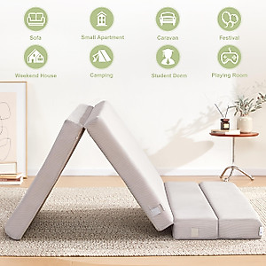 Lazyzizi Foldable Mattress 4Inch Folding Mattress Fold Out Floor Sofa Bed for Adults, Camping, Guest, with Headrest, Breathable & Washable Cover (Queen)