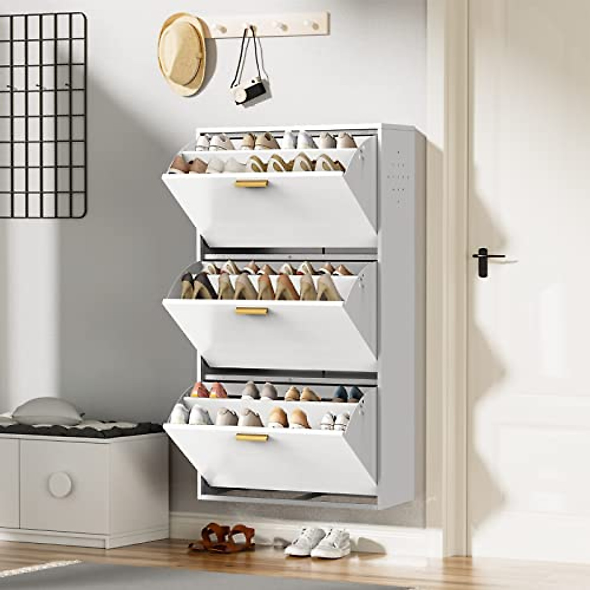 WIILAYOK Shoe Cabinet, Freestanding/Wall Mounted Shoe Storage Cabinet Organizer with 3 Flip Drawers and Internal Adjustable Shelves, Metal Shoe Rack Cabinet for Entryway, Hallways, Closet (White)