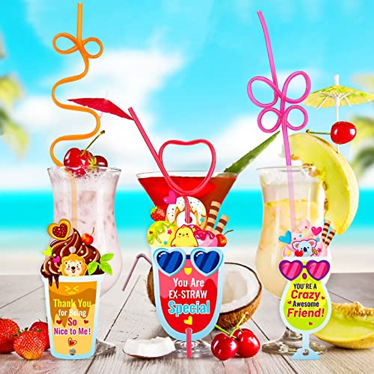 Qpout 32 Pack Valentine’s Day Cards for Kids,Funny Gift Cards with Loops Reusable Drinking Straws for Boys Girls Classroom Exchange Valentines Party Favors and Party Prizes