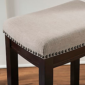 Linon Linen and Dark Backless Claridge Stool, Counter Height, Beige & Dark Walnut