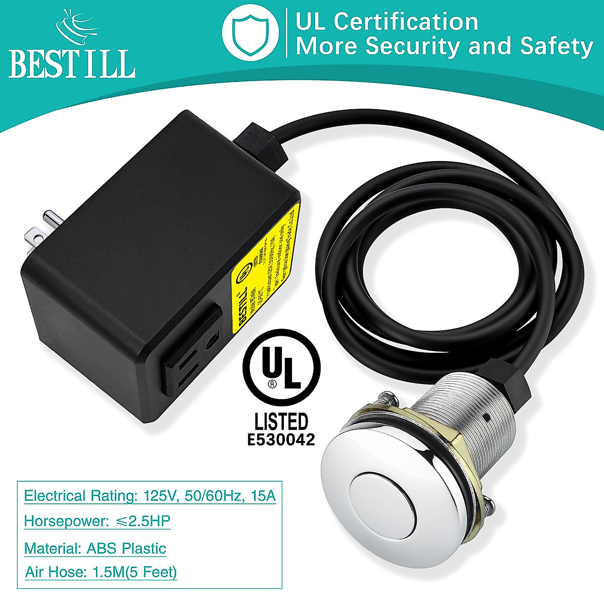 BESTILL Garbage Disposal Air Switch Kit, UL Listed, Sink Top Push Button with Brass Cover, Chrome, Brushed Nickel