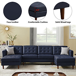 Aoowow Modular Sectional Sofa Convertible U Shaped Sectional Couch, Modern Faux Leather Upholstered Sofa Couch Comfy Sleeper Sofa Set with Reversible Chaise for Living Room(Blue)