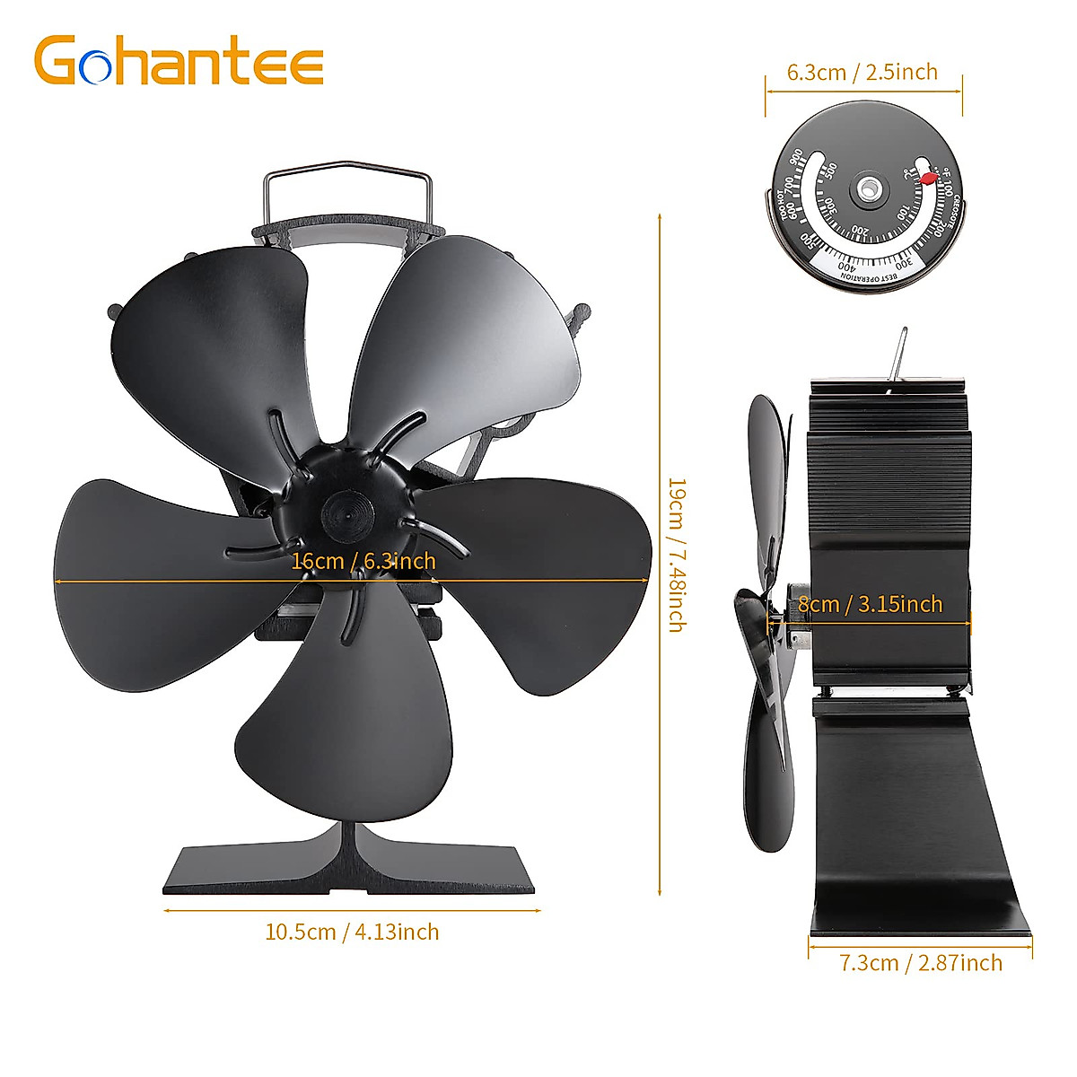 5 Blades Fireplace Fan Heat Powered Wood Stove Fan Circulates Warm Heated Air for Gas Pellet Wood Log Burner Stove Fan Efficient Heat Distribution Eco-Friendly with Thermometer