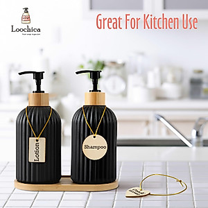 LOOCHICA Do It Yourself 2 Pack Black Glass Soap Dispenser Set with Bamboo Tray, Matte Black Soap Dispenser Suitable for Kitchen Sink, Bathroom, Rustic Kitchen Décor