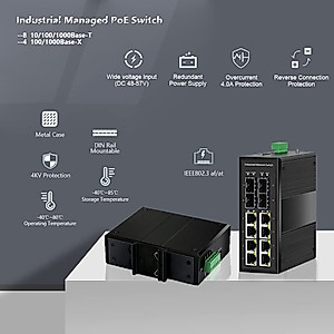 Industrial Gigabit Managed PoE Switch - 8 Ports 10/100/1000Mbps Web Management DIN Rail PoE Switch with 4 SFP Slots, Network PoE Switch Support Ring Network, VLAN, STP, LACP, QOS