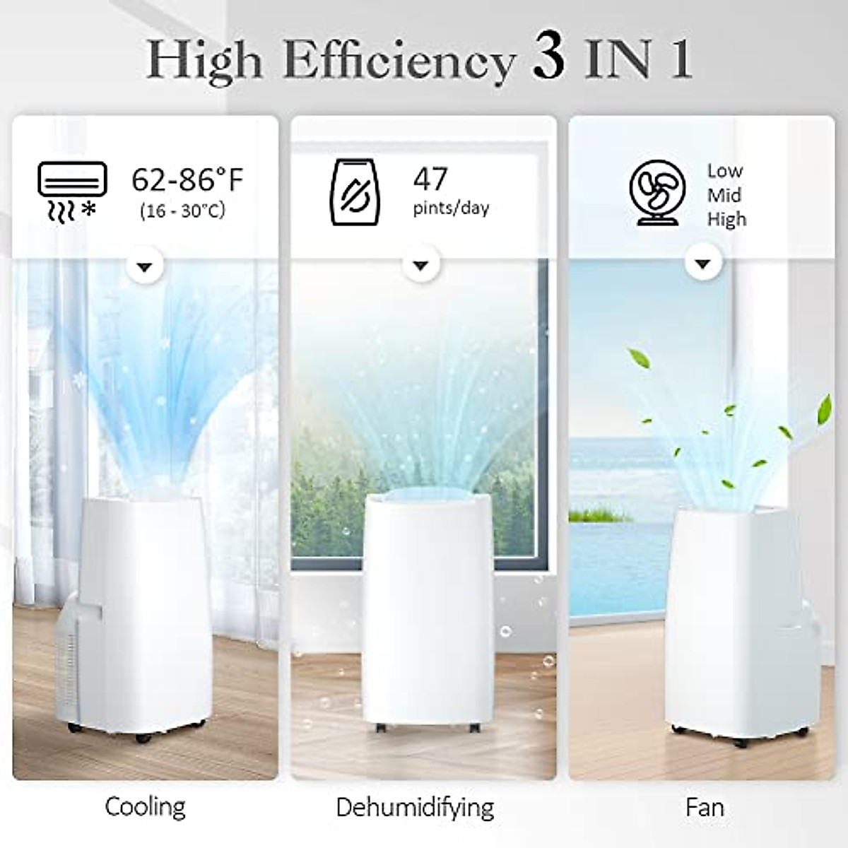 14000 BTU Portable Air Conditioners, Portable AC Unit with 90° Adjust Angle Powerful Cooling for Room Up to 500 Sq. Ft, 3 in 1 Air Conditioner, Dehumidifier & Fan Modes, with Remote, 24Hrs Timer, White
