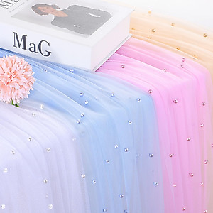 White Tulle Fabric Pearl Table Runner, Wedding Table Runner Decor Lace Table Cloth Wedding Arch Decorations Tulle Ribbon 5 Yards Lace Dessert Tablecloth Table Cover for Birthday Party Bridal Shower