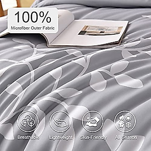 METAHOTS King Size Comforter Set, 7 PCS White Flowers Botanical Printed on Grey Comforter Set with Sheets, Soft Lightweight Microfiber Bedding Set for All Season(104"X90")