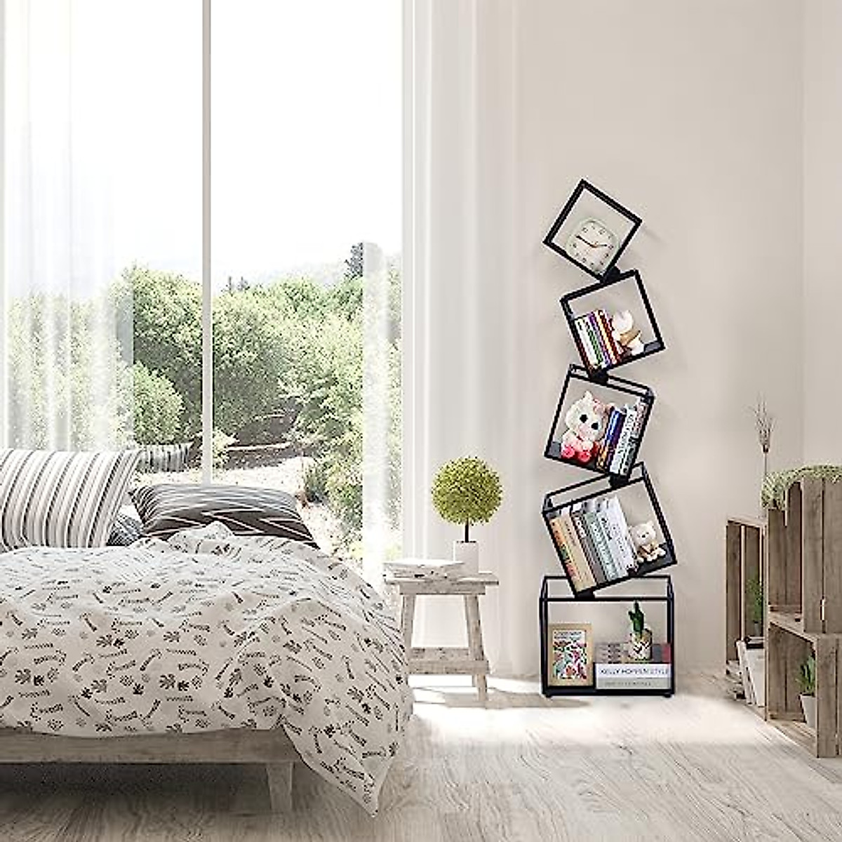 Weltallina Bookshelf, 5-Tier Bookcase Black, 67" Tall Black Bookshelf, Industrial Bookshelf, Modern Book Storage, Storage Shelves for CDs/Books/Home Decor, Display Shelf