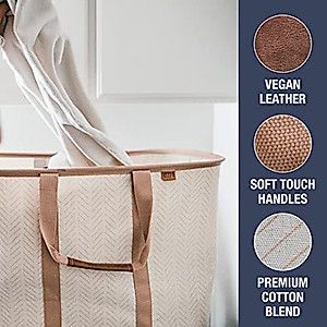 CleverMade Collapsible Laundry Basket, Premium Large Foldable Clothes Hamper, Laundry Tote Carry All Bin XL Pop-Up Caddy with Handles, 2 Pack, Cream Herringbone