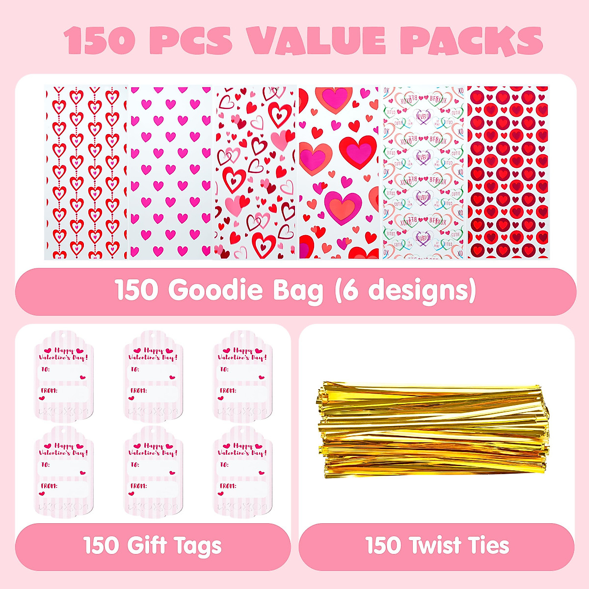 JOYIN 150 Pcs Valentine's Day Cellophane Gift Bag with Gift Tag, Candy Bag with 6 Valentine’s Themed Designs for Kids Party Favor, Classroom Exchange Prizes,Valentine’s Goody Bag