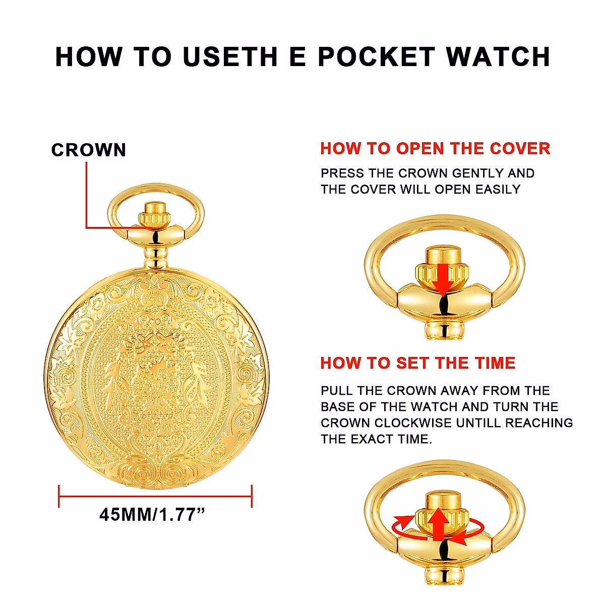 Realpoo Gold Large Decorative Flower Pattern Pocket Watch White Roman Numeral Scale Quartz Pocket Watches for Men with Chain
