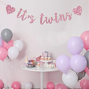 INNORU It's Twins Banner for Girls, Baby Shower Gender Reveal Party for Babies, Twin Girls 1st Birthday Party Decorations Supplies, Pink Glitter