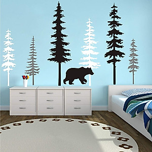 Large Forest Pine Tree with Bear Wall Decals Woodland Trees Wall Sticker for Nursery Room Art Kids Room Bedroom Decoration Forest Tree Animal Wall Mural AM10(White +Gray+Black W/Bear)