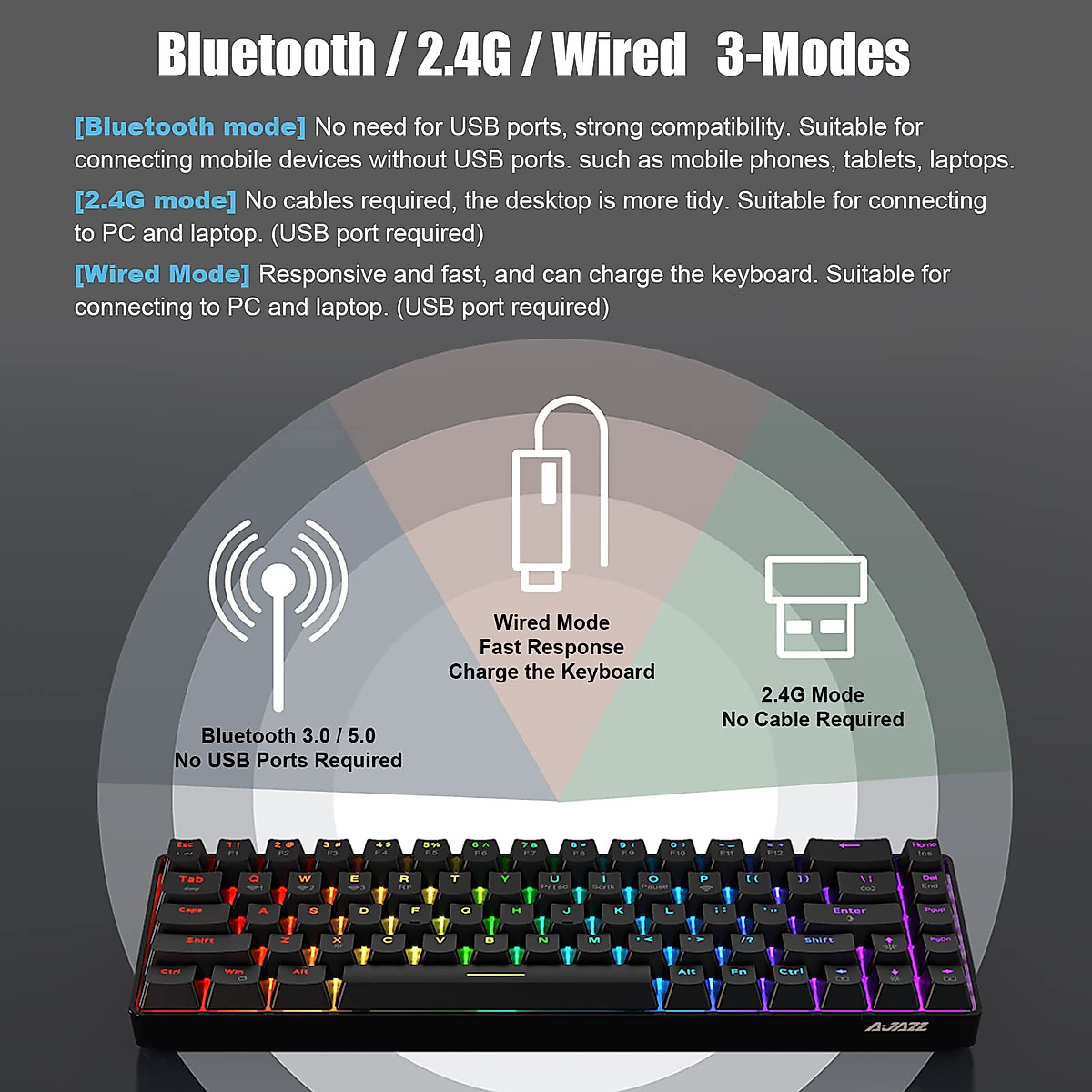 Ajazz K685T Wireless 60% Mechanical Keyboard, Bluetooth/2.4G/Wired Multi-Mode, RGB Backlight, N-Key Rollover 68 Keys, Hot Swap Switch, Compatible for Multi-Device Connection (White, Brown Switch)