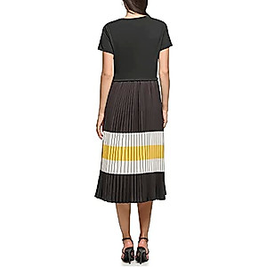 Karl Lagerfeld Paris Women's Pleated Printed Midi Dress, Black Lemon Chrome Soft White