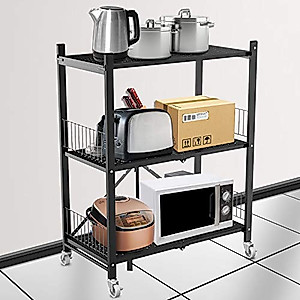 GLANDU 3-Shelf Collapsible/Foldable Heavy Duty Shelving Unit, Steel Organizer Wire Rack with Wheels, Rolling Cart, Home Kitchen Laundry Closet Storage(3-Tier)
