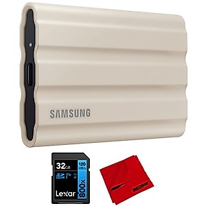 SAMSUNG MU-PE2T0K/AM T7 Shield Portable Solid State Drive 2TB, Beige (2022) Bundle with Lexar 32GB 800x UHS-I SDHC Memory Card and Microfiber Cleaning Cloth