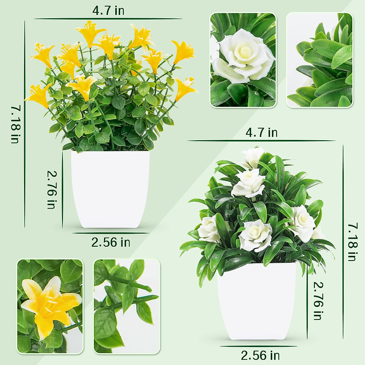 Der Rose 2 Pack Fake Plants Mini Artificial Faux Plants with Flowers for Home Office Table Room Farmhouse Decor Indoor