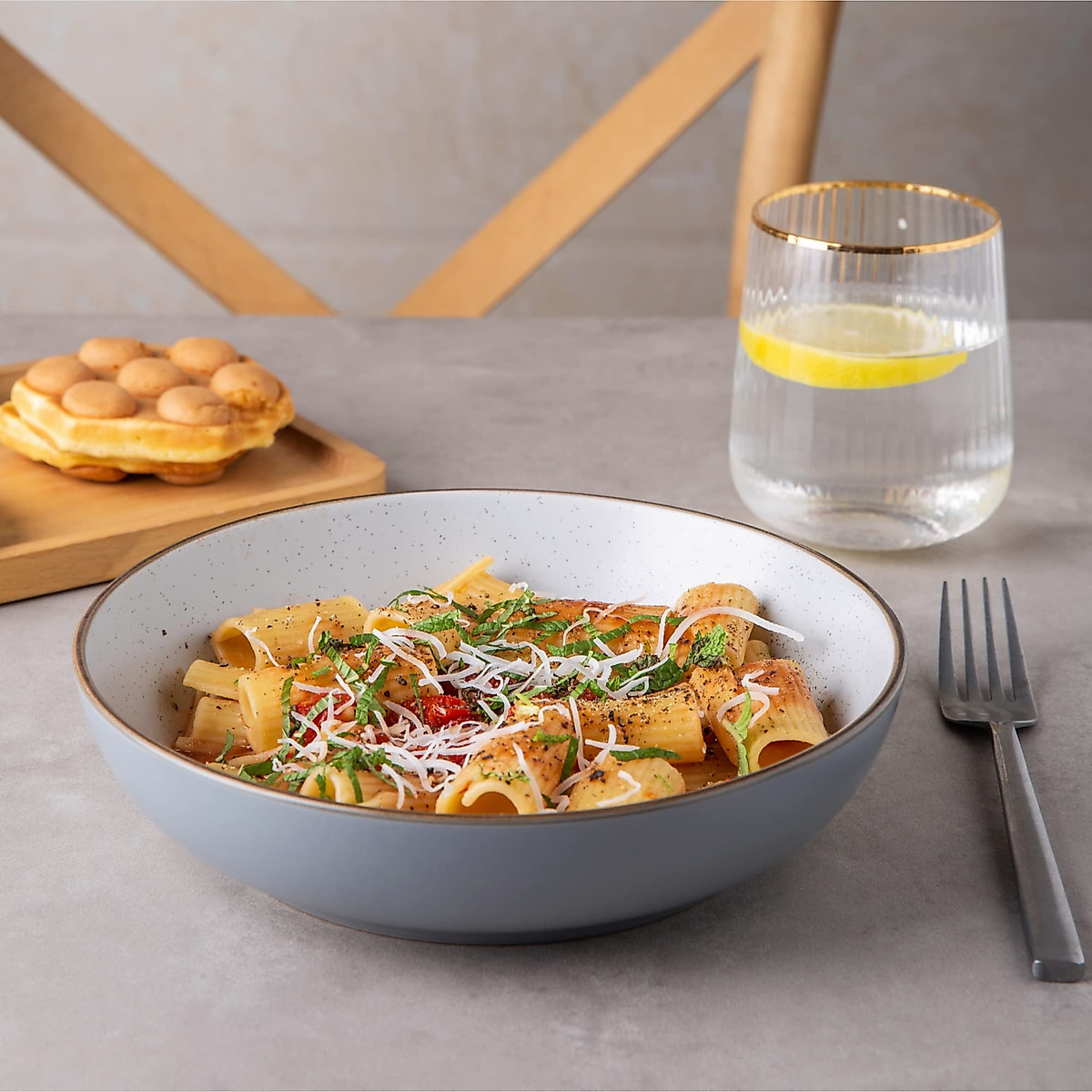 AmorArc 8.5'' Stoneware Pasta Bowls, 32oz Large Speckled Bowls Set of 4 for Kitchen, Wide & Flat Bowls for Pasta,Salad,Oatmeal, Microwave&Dishwasher Safe, Matte Gray