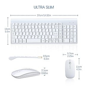 Wireless Keyboard and Mouse Ultra Slim Combo, TopMate 2.4G Silent Compact USB Mouse and Scissor Switch Keyboard Set with Cover, 2 AA and 2 AAA Batteries, for PC/Laptop/Windows/Mac - White