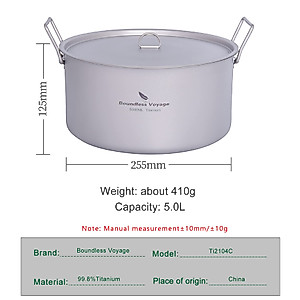 Boundless Voyage 5L Titanium Stock Pot with Lid Folding Handle Soup Pot for Outdoor Camping Hiking Picnic Home Kitchen Ultralight Cookware Ti2104C