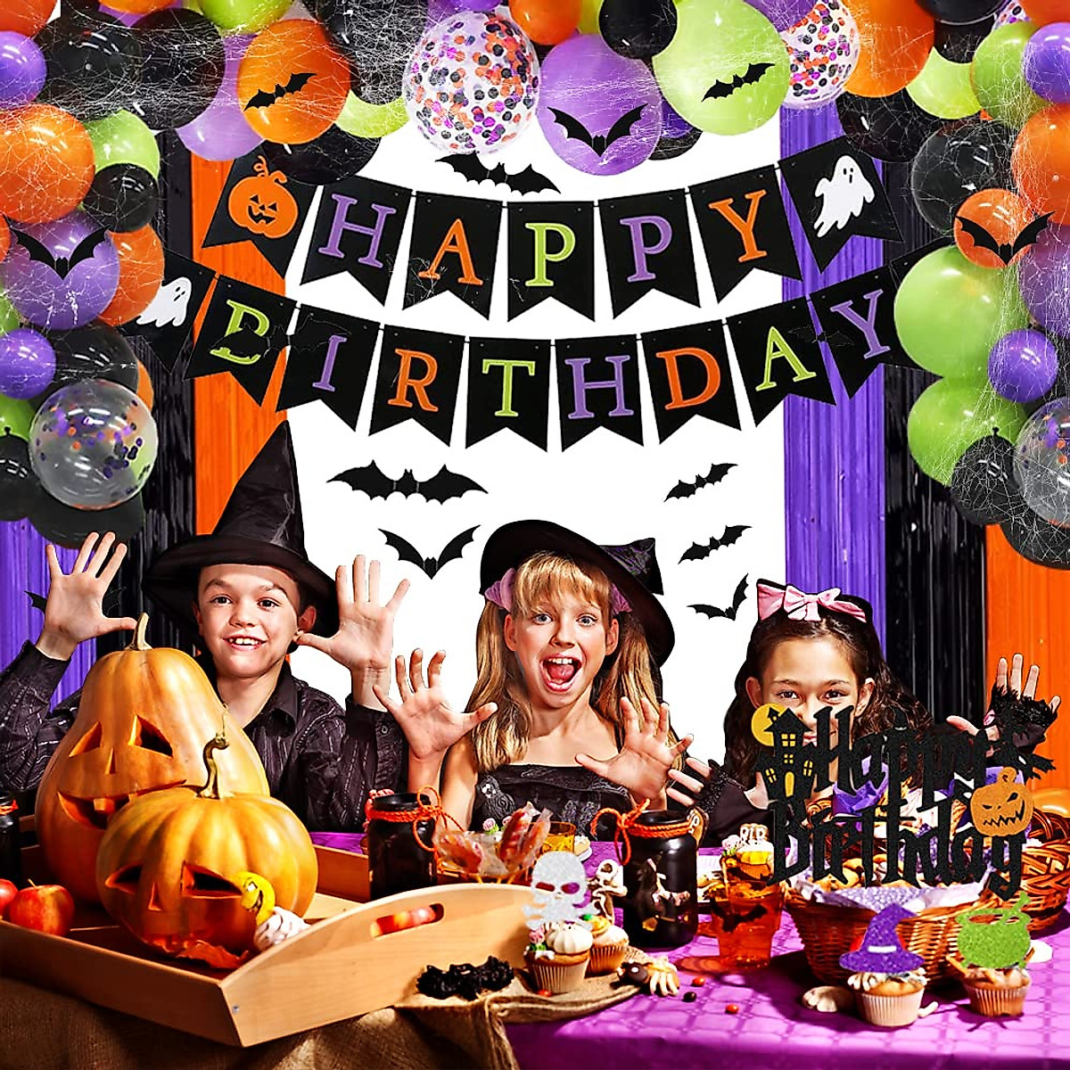 Halloween Birthday Party Decorations Include happy birthday halloween banner halloween balloons Halloween Birthday Cake Topper halloween fringe curtain for Halloween Birthday Party Supplies
