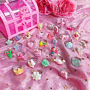 EleMirsa 30pcs Little Girl Jewel Rings Adjustable Costume Princess Pretend Play and Dress Up Rings for Girl Toddlers Kids Children's Jewelry Set Toy Treasure Box Birthday Gifts for Girls