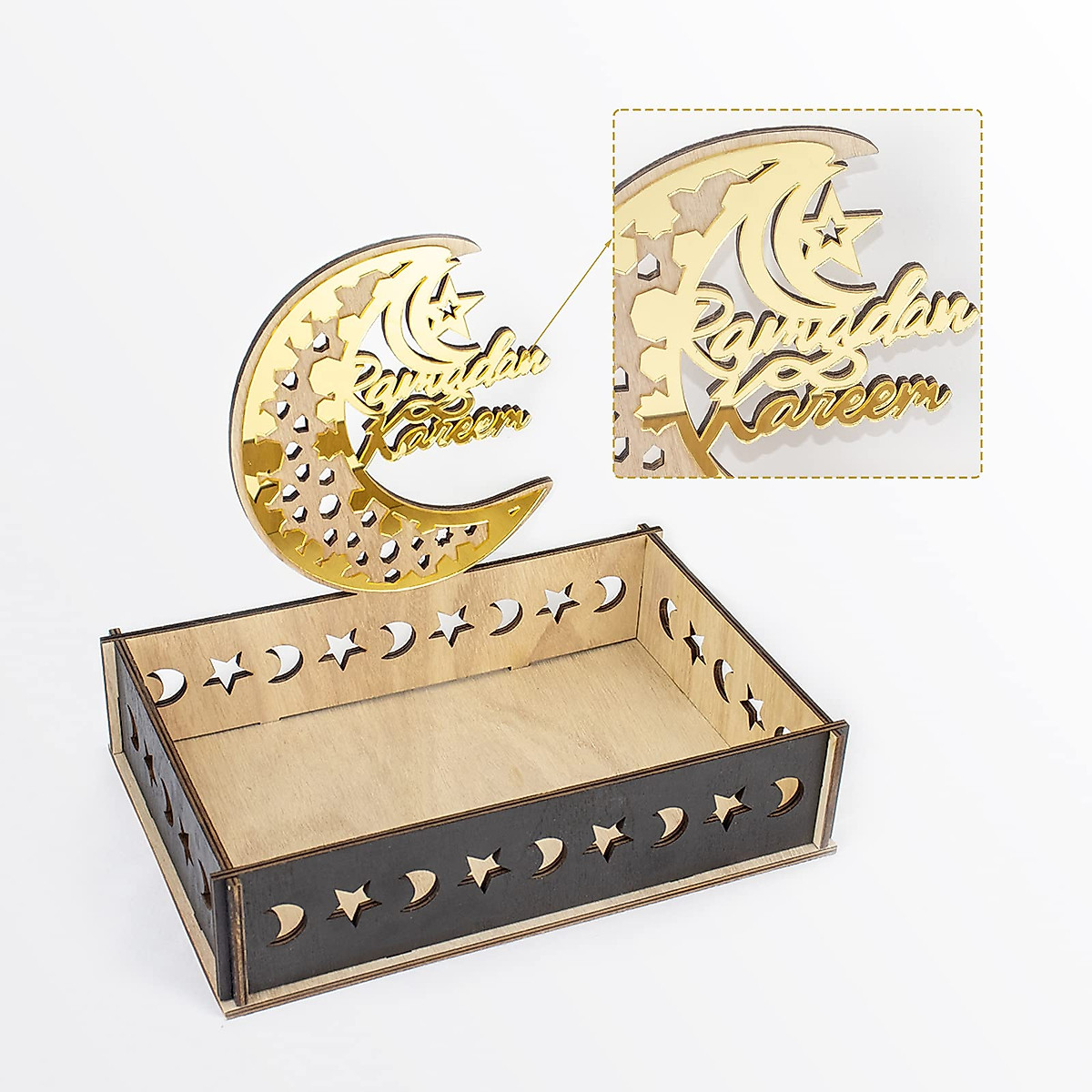 2PCS Ramadan Trays Decorations, Eid Mubarak Islamic DIY Wooden Serving Trays Breakfast Food Dessert Tray Muslim Gift for Home Table Party Supplies