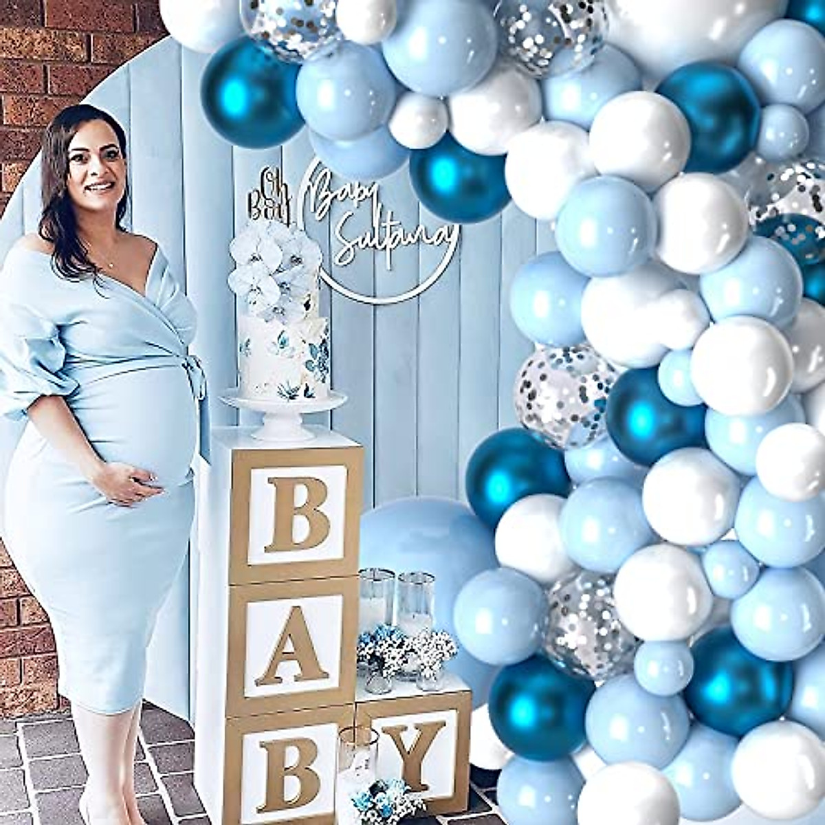 Blue Balloons Garland Arch Kit, 136pcs Metallic Blue White Silver Confetti Balloons Baby Blue Balloon Arch Kit for Boy Baby Shower Birthday Wedding Frozen Party Decorations