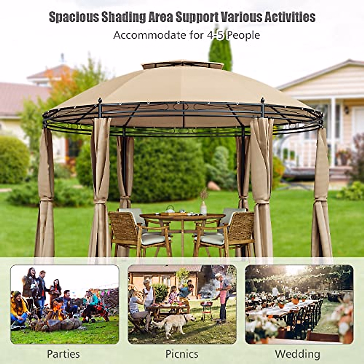 Tangkula 11.5x11.5 ft Round Patio Gazebo, 2-Tier Dome Gazebo with Removable Side Curtains, Heavy Duty Steel Frame, Outdoor Gazebo Pavilion for Backyard, Deck, Poolside, Garden (Brown)