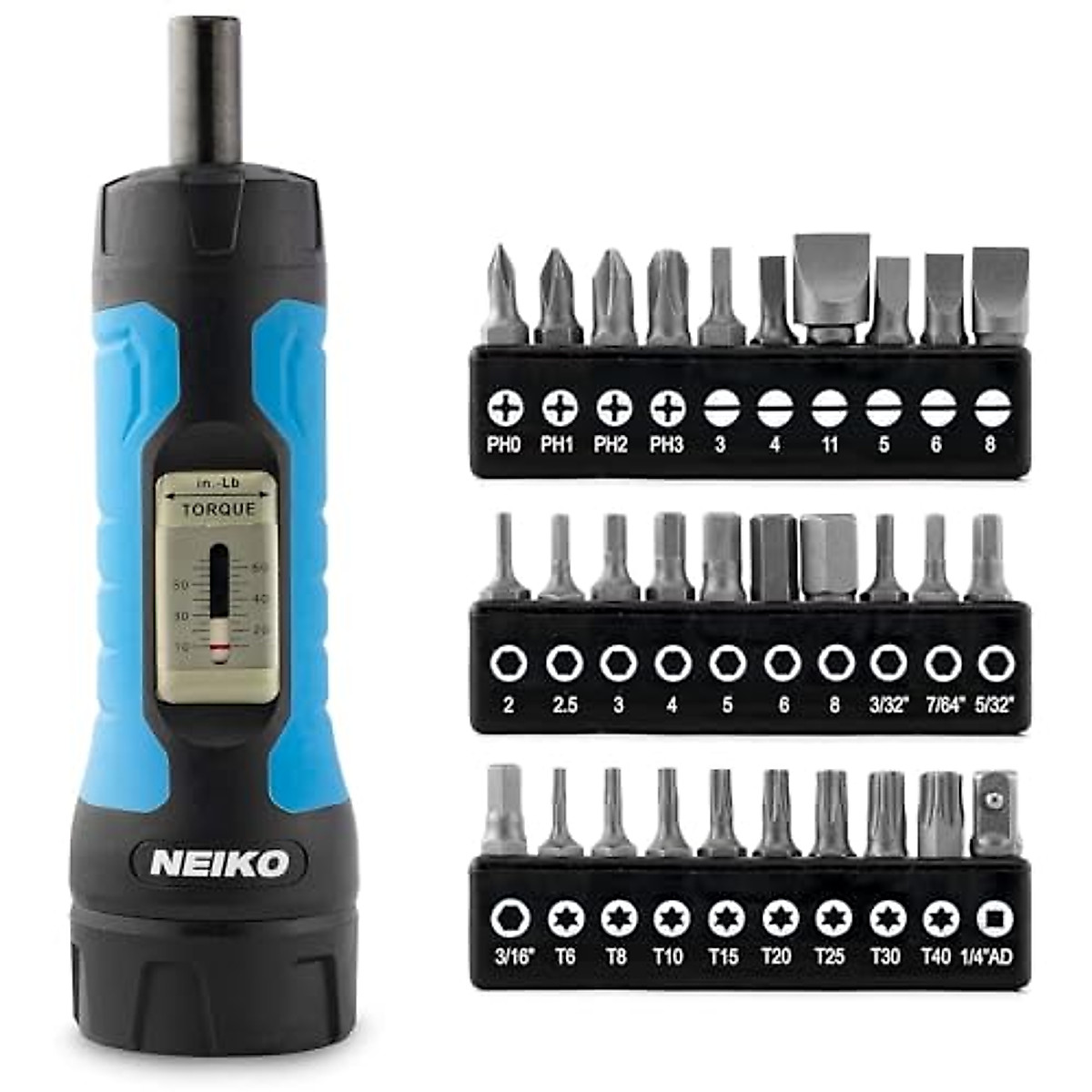 Neiko 10574A 1/4” Drive Torque Wrench Screwdriver Set, 30 Pieces of S2 Steel Philips, Hex, Slotted, and Torx Bits, 10 to 60 Inch-Pounds Torque Adjustment Range, Firearms Accurizing and Gunsmithing