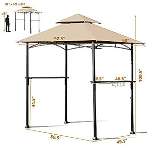 Tangkula 8' x 5' Grill Gazebo, Outdoor Patio Barbecue Gazebo Shelter with LED Lights, 2-Tier Canopy Top Cover Grill Gazebo with Sturdy Steel Frame, Ideal for Gatherings, Parties (Khaki)