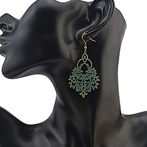 LQJstore Dangle Earrings Ethnic Retro Water Drop Hollow Earrings Green Pine Carved Boho Earring (C)
