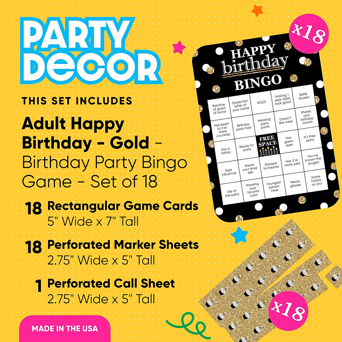 Big Dot of Happiness Adult Happy Birthday - Gold - Find The Guest Bingo Cards and Markers - Birthday Party Bingo Game - Happy Birthday Bingo - Set of 18