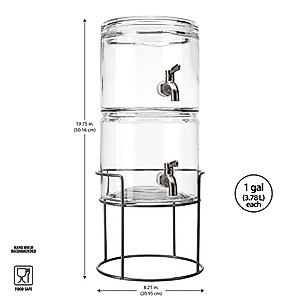 Set Of Two (2) 1 Gallon Each Stacked Quality Ice Cold Clear Glass Jug Beverage Dispensers With Metal Caddy Display With Easy Fill Spigot- Great For Outdoors, Parties, Bars & Daily Use