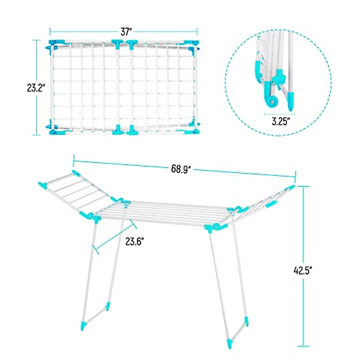 YUBELLES Clothes Drying Rack, Gullwing Laundry Rack, Collapsible, Space-Saving Laundry Rack, with Bonus Sock Clips, for Clothes, Towels, Linens, Indoor/Outdoor, Cyan
