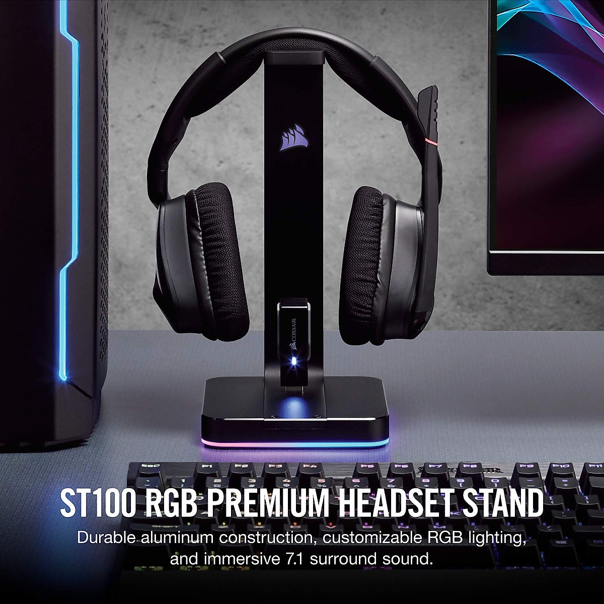 CORSAIR Virtuoso RGB Wireless XT High-Fidelity Gaming Headset - Works with Mac, PC, PS5, PS4, Xbox Series X/S - Slate & ST100 RGB Premium Headset Stand with 7.1 Surround Sound - 3.5mm and 2xUSB 3.0