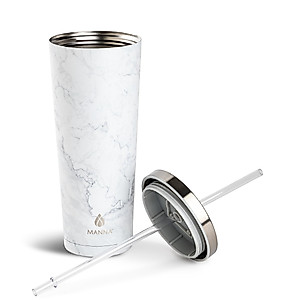 Manna Chilly Double-wall Vacuum Insulated Stainless Steel Tumbler with Splash-proof Lid and Reusable Tritan Straw - 24 Oz - White Marble
