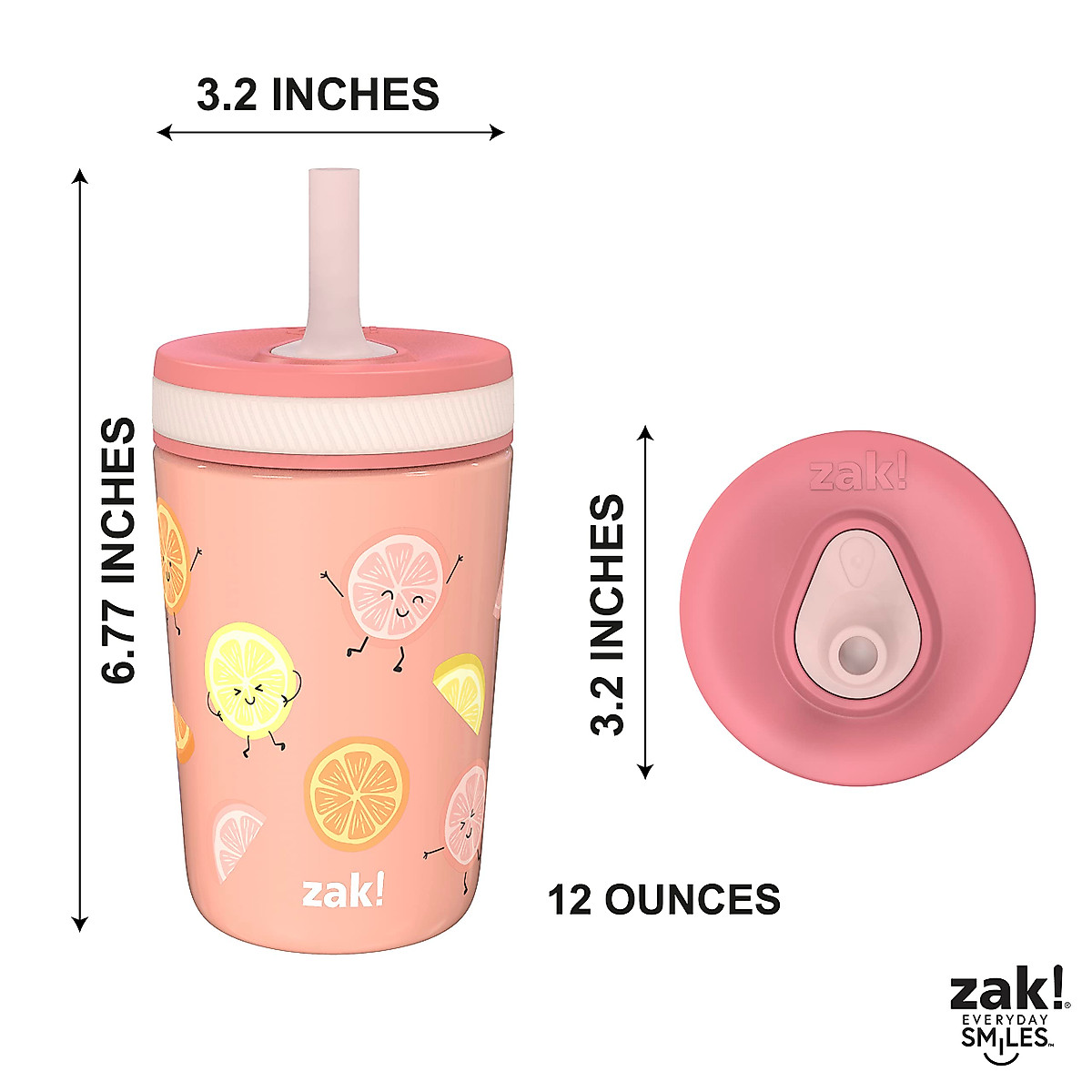 Zak Designs Kelso Tumbler Toddler Cup For Travel or At Home, 12oz Vacuum Insulated Stainless Steel Sippy Cup With Leak-Proof Design is Perfect For Kids (Happy Fruit)